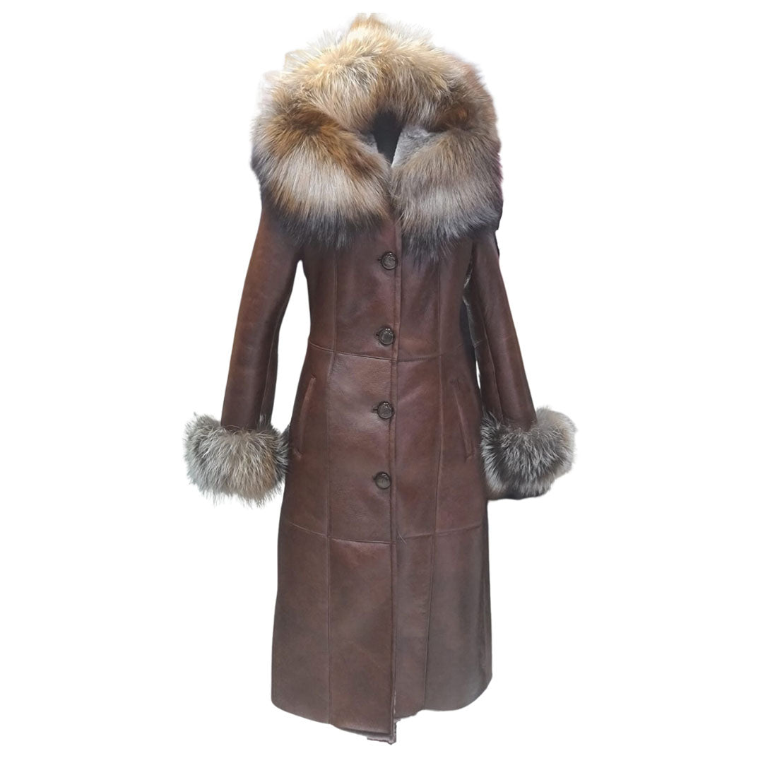 Riley brown hooded shearling coat with fox fur – Lusso Leather