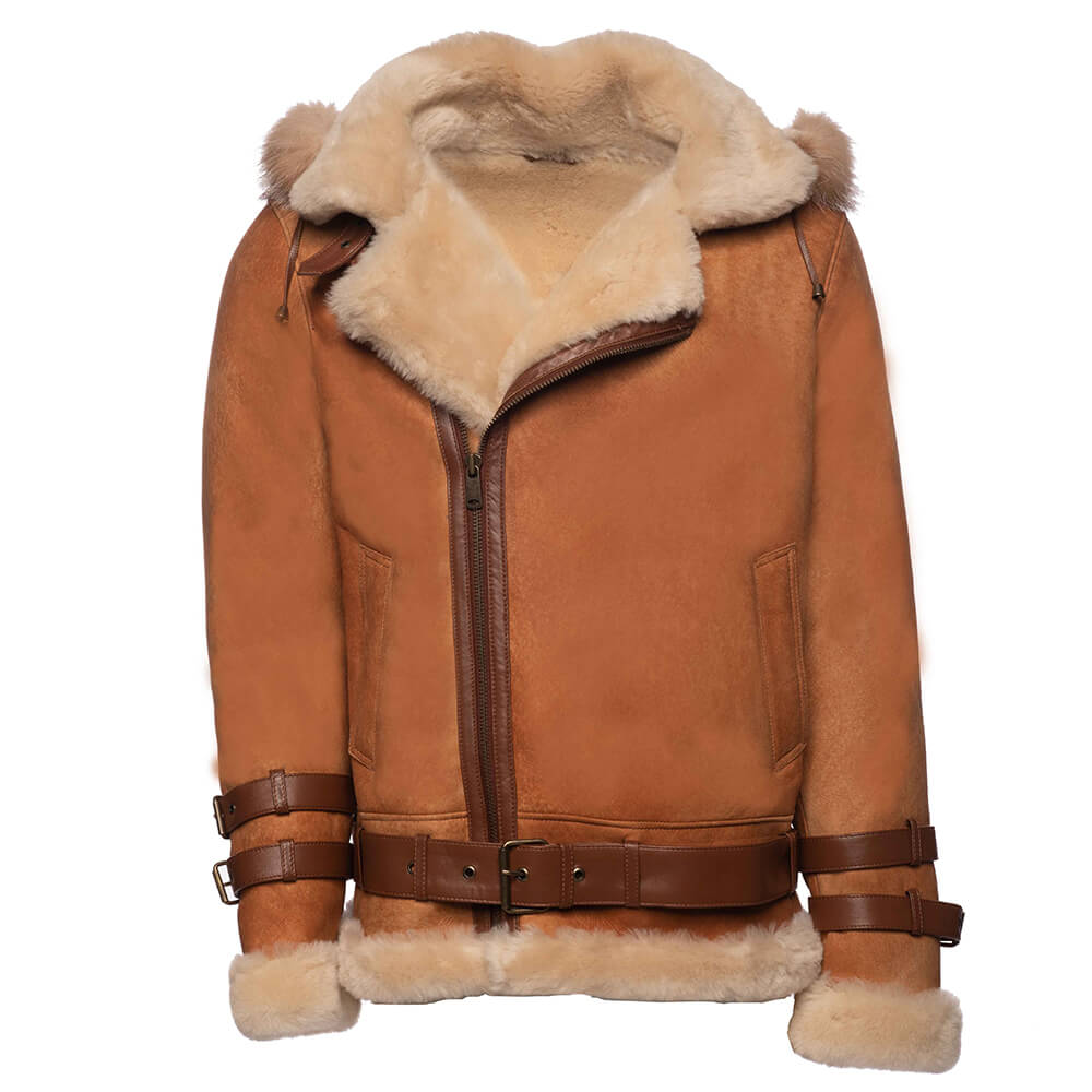 Rocco Vintage Cognac Aviator bomber shearling jacket with Fox trim hoo ...