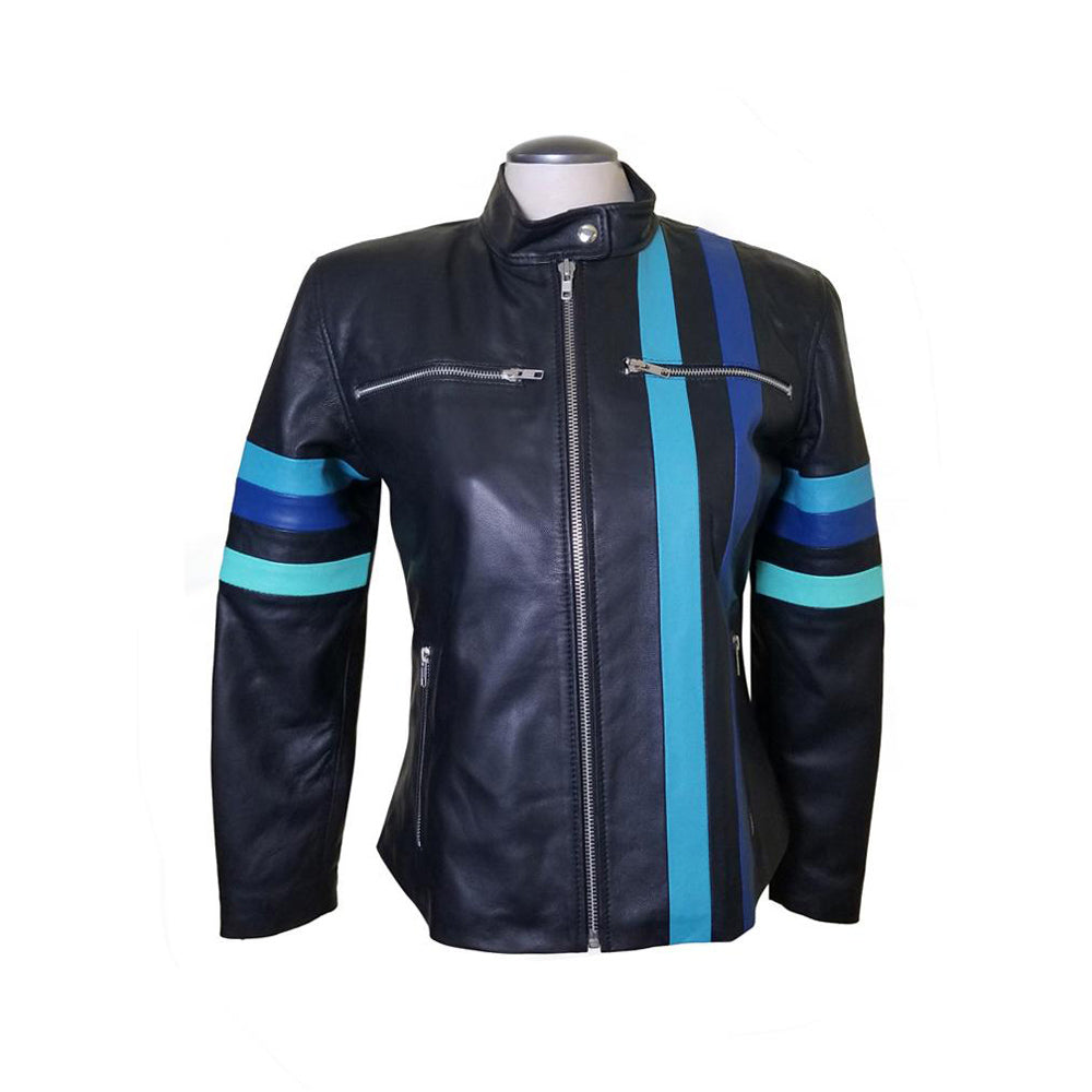 Kerri’s Moto Style Leather Jacket With Blue Stripes – Lusso Leather