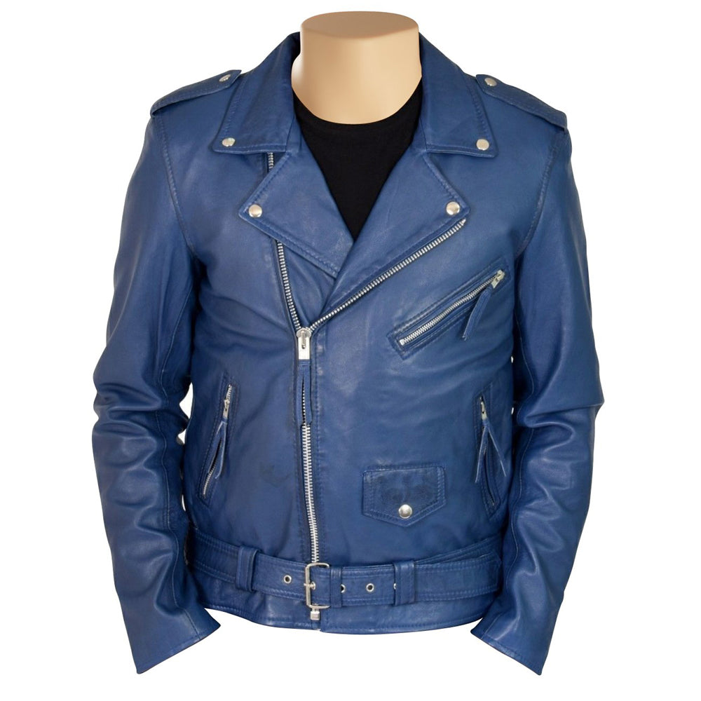 Kain Blue classic biker style leather jacket with belt – Lusso Leather